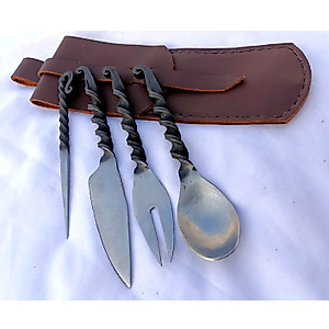 Viking Traders Hand Forged Twisted Medieval Eating Utensil Set | Functional Fork Knife Spoon And Food Stick | Medieval Eating Set, With Genuine Leather Carrying Pouch - Set 4