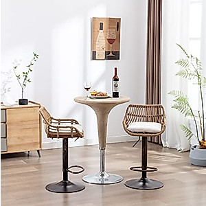Kakotito Rattan Bar Stools, Adjustable Barstools with Linen Cushion, 360° Swivel Bar Stool with Low Back & Footrest, Classical Barstool Set of 2 for Kitchen and Bar (Brown)