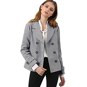Allegra K Women's Notched Lapel Double Breasted Pea Coat Medium Grey