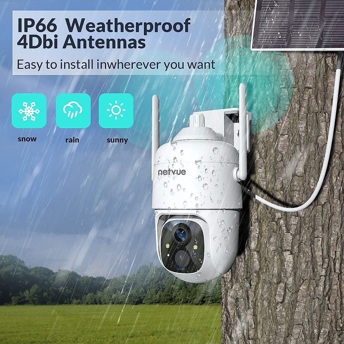 NETVUE Solar Security Cameras Wireless Outdoor Camera 2.4G WiFi 360° View Pan Tilt Strobe Light/Spotlight Home Security System with Motion Detection and Siren, Two-Way Audio, Color Night Vision