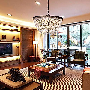 Wellmet Crystal Chandelier, 6-Light 5 Tiers Farmhouse Crystal Light, Adjustable Hanging Bronze Ceiling Lighting Fixture, Modern Foyer Dining Room Chandeliers for Bedroom,Hallway,Bar,Kitchen, W20-inch