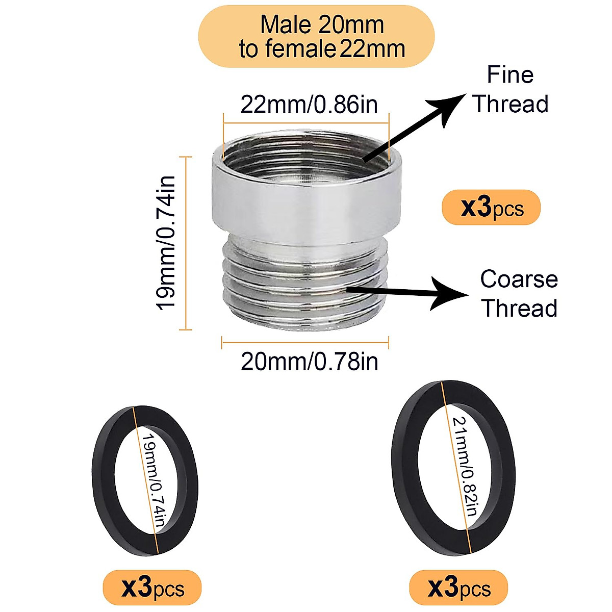 3 pcs Faucet Adapter Kit, CNYMANY Male 0.78in Coarse Thread to Female 0.87in Fine Thread Kitchen Aerator Adapter Set Sink Faucet Adapter Connecting Garden Hose Water Filter Standard Hose via Diverter