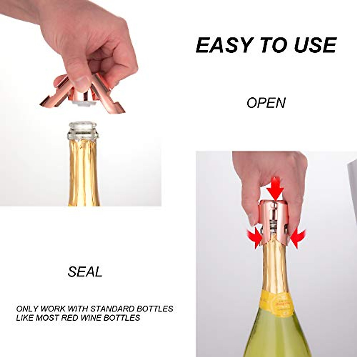 OWO Champagne Stopper, Stainless Steel Bottle Plug Sealer for Sparkling Wine, Superior Leak-Proof Bubble Retaining Saver, No Sharp Edge, No Spill, Fizz Saver, Passed Press Test (Rose Gold)