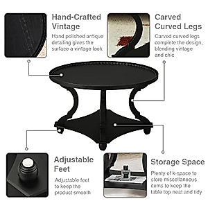 Wnutrees Farmhouse Round Coffee Table, Rustic Circle Coffee Table with Wood Tray Top for Living Room, Boho Coffee Table with Storage Shelf, Handcrafted Finish,Black