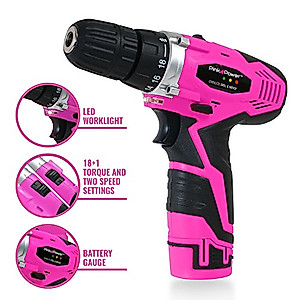 Pink Power Pink Drill Set for Women - 12V Li-Ion Pink Cordless Drill Driver Tool Kit for Women - Electric Screwdriver with Case, Battery, Charger and Bit Set