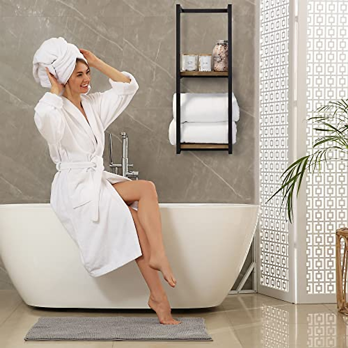 Stylish Bathroom Towel Storage Rack with Wooden Shelves – Modern & Space Saving Organizer for Wall Mount That Easily Holds 8 Large Towels - The Perfect Towel Holder to Enhance Your Bathroom Decor