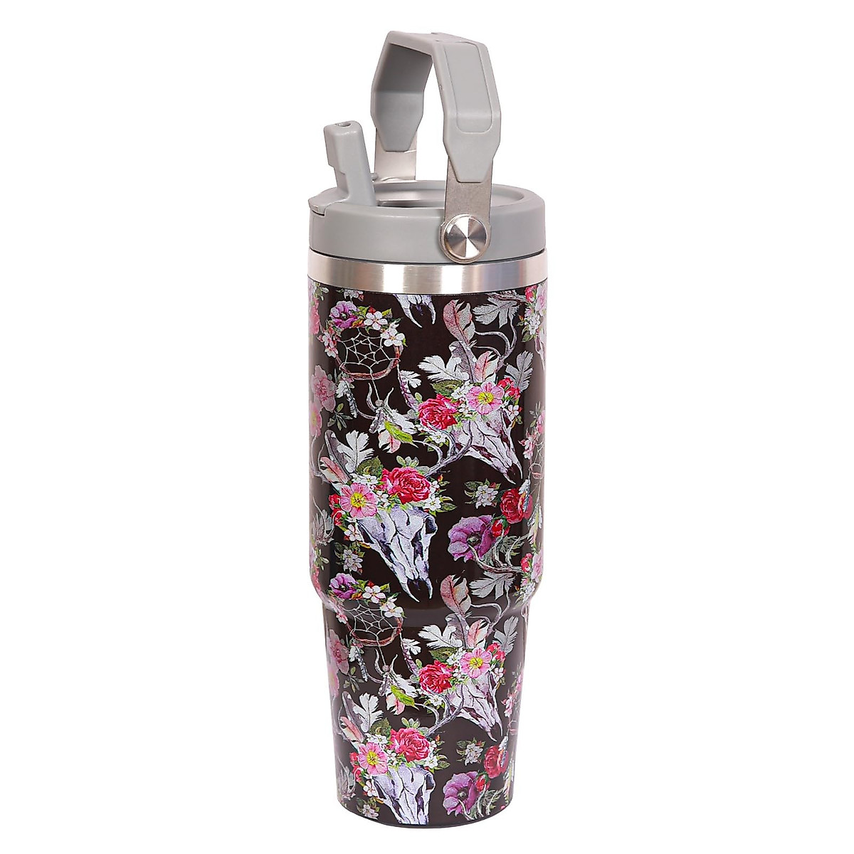 JIU HONG CHAO 30 oz Cow Skull flower Travel Tumbler with Straw Lid, Stainless Steel Floral Travel mug with Handle Insulated Cup West Mother's Day Gifts for Women Mom (Black Bullskull, 30 OZ)