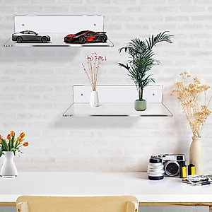 Jansburg 12 Inch L-Shaped Acrylic Floating Shelf Clear Wall Mounted Shelves Invisible 5MM Thick Shelf for Wall Storage Clear Shelves for Makeup Photo Picture Book Record Display 4 Pack