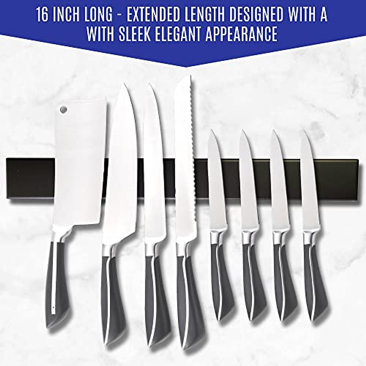 SUMPRI Magnetic Knife Holder for Wall (16Inch -Stainless Steel) Magnet Knife Strip -Strong Powerful Knife Rack Storage Display Organizer-Securely Hang Your Knives On a Multipurpose Kitchen Bar (Black)