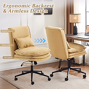 Bonnlo Criss Cross Chair with Wheels,18” Height Adjustable Full Back, Comfy Wide Armless Office Desk Chair,Swivel Cute Vanity Home Chair, Home Chair for Make up,Living Room, Fabric,Yellow