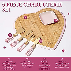 Paris Hilton Charcuterie Board and Serving Set, Bamboo Serving Board, Ceramic Dish, Cheese Utensils with Titanium Coated Blades, 6-Piece Set, Pink