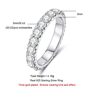 AnuClub Moissanite Eternity Wedding Band Ring D Color Lab Diamond 18K Gold Plated Silver Ring for Women With Certificate