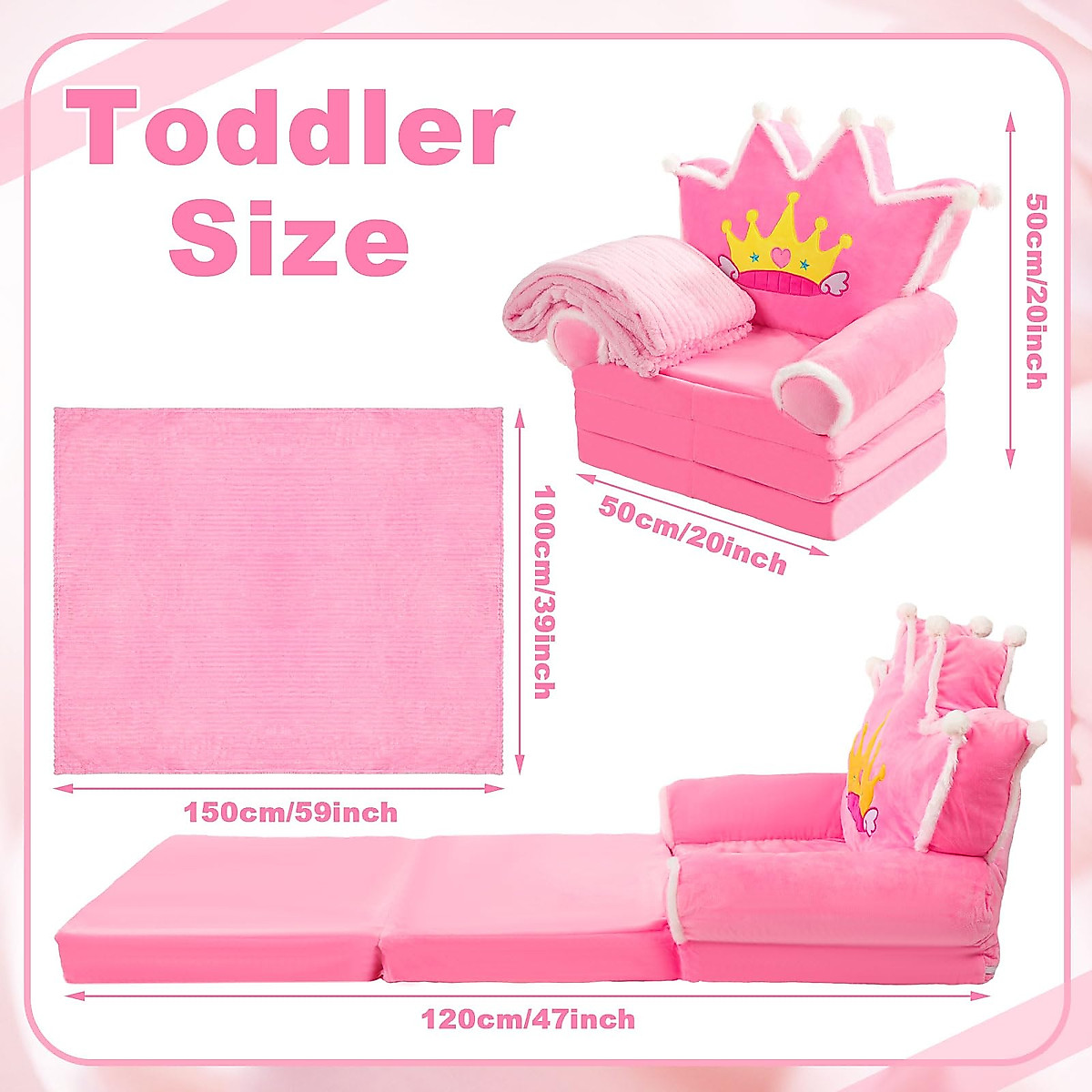 Burbell Toddler Couch 2 in 1 Soft Princess Kids Fold Out Couch with Flannel Blanket Comfy Sofa Bed Toddler Recliners Baby Sofa Bedroom Lounger for Kids 1-3(Pink)