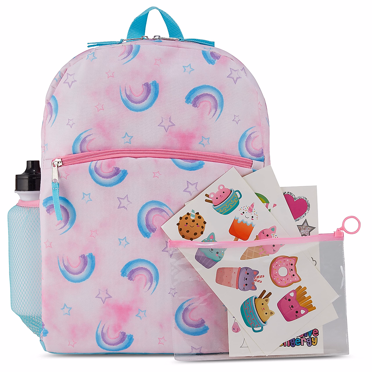 Cudlie Kindergarten Backpack w/Water Bottle & Stickers - Lightweight Girls Backpack for School/Travel - Kids Back Pack/Book Bag - Rainbow/Pink