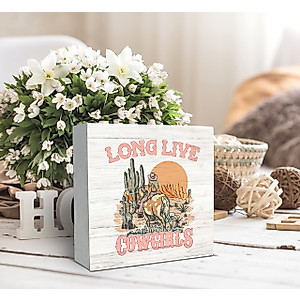 SRADMO Long Live Cowgirls Wood Box Sign Desk Decor，Retro Western Cowgirl Rodeo Theme Wooden Block Box Sign Decoration For Western Home Office Shelf Table Decor