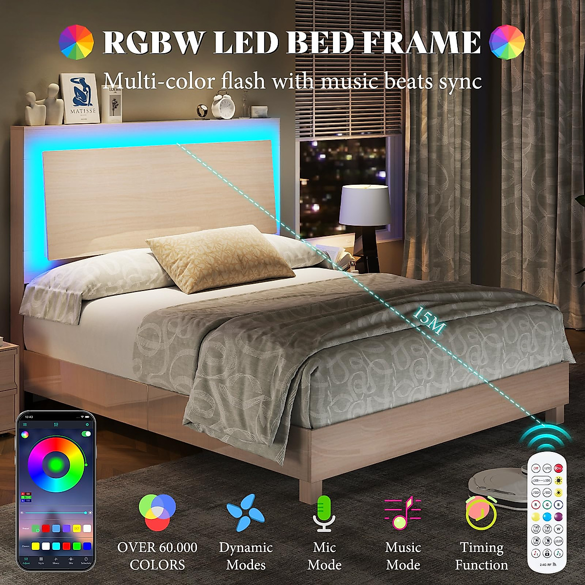 AMERLIFE Queen Size Beds Frame with Smart RGBW LED Lights, High Gloss Wooden Platform Bed Frame with Floating Ergonomic Headboard, Slats Support/Noise Free/No Box Spring Needed, White Woodgrain