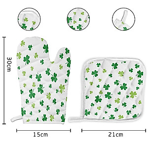 St. Patrick's Day Set of Oven Mitt and Pot Holder Shamrock Leaf Kitchen Mittens Non-Slip Heat Resistant Green Clover Cooking Gloves for Kitchen Cooking BBQ Baking Grilling 12+8