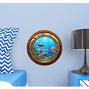 Porthole Window Wall Sticker Mermaid Sea Turtle 1 Braswood Port Scape Decal Ocean Fantasy Tropical Reef Sea Life Kids Room Decor Peel and Stick Vinyl 12 inch