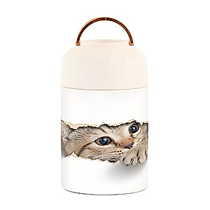 CUPADA Cat Torn Paper Food Jar, Funny 3d Insulated Hot Food Jars Vacuum 17OZ with Folding Spoon for Work Trip Picnic Camping