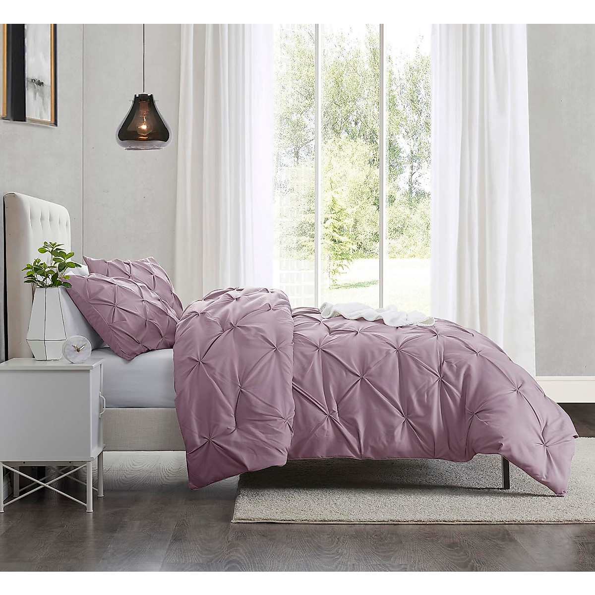 Clara Clark Dusty Purple Duvet Cover Queen Size - Pintuck Queen Duvet Cover Set, 3 Piece Double Brushed Duvet Covers with Button Closure, 1 Pinch Pleated Duvet Cover 90x90 inches and 2 Pillow Shams