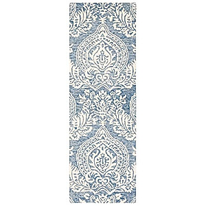 Safavieh Micro-Loop Collection Runner Rug - 2'3" x 7', Blue & Ivory, Handmade Damask Wool, Ideal for High Traffic Areas in Living Room, Bedroom (MLP512M)