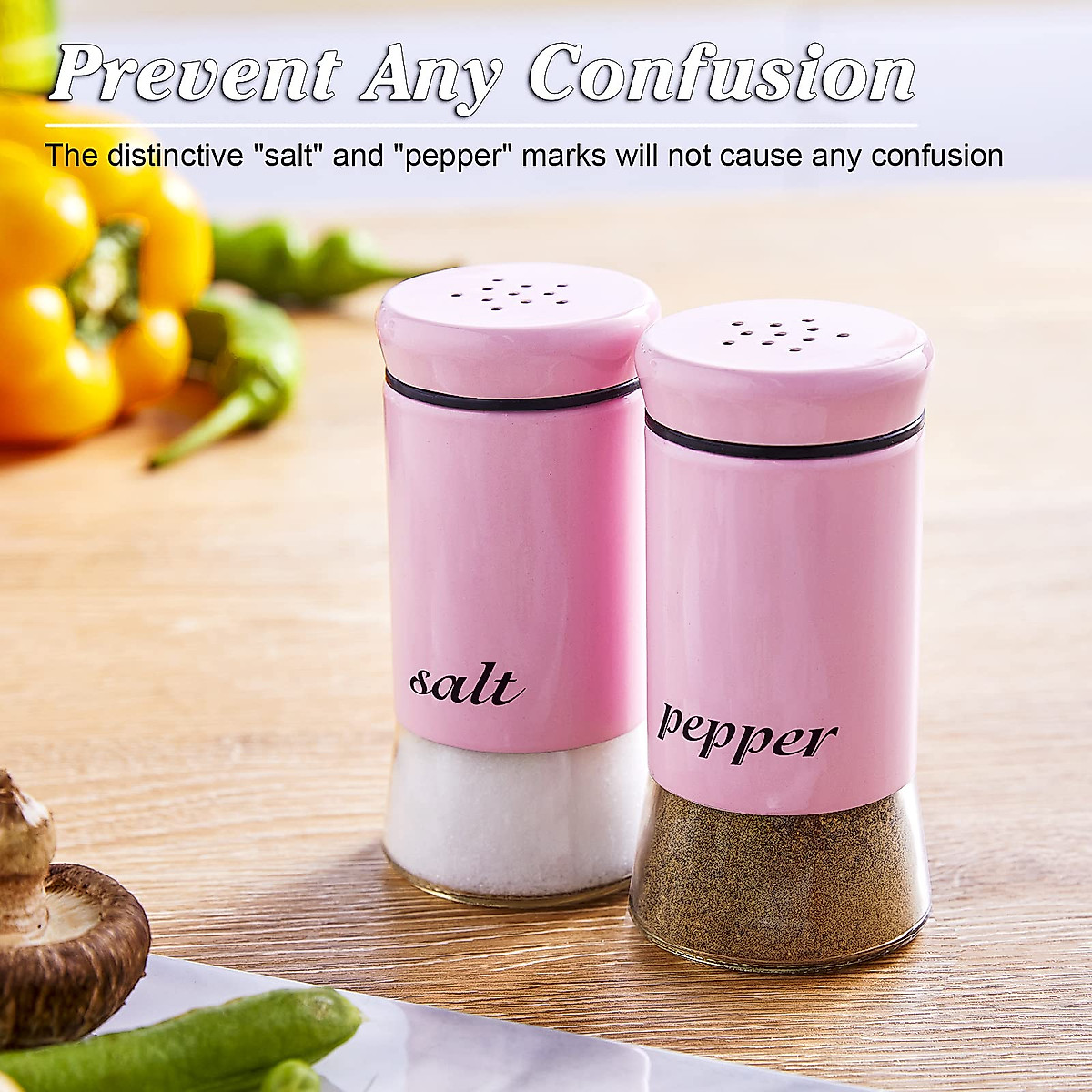 Pink Salt and Pepper Shakers - Pink Kitchen Accessories Decor- 5 oz Glass Salt and Pepper Set for Cooking Table, RV, BBQ, Easy to Clean & Refill