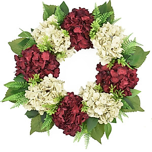Artificial Flower Wreath, OrgMemory Floral Wreath, (Welcome Sign, 20”, Metal Hanger), Spring Wreath for Home Party Festival Wedding Decor (Scarlet and Ivory)