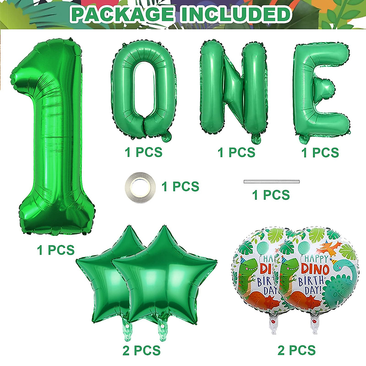 Dinosaur 1st Birthday Party Balloons,32 Inch Big Mylar Foil Number Balloon 1 Green for Baby Shower 1st Birthday Party Decorations,ONE Letter Balloon, Dinosaur Theme Party Decorations 10 Pcs