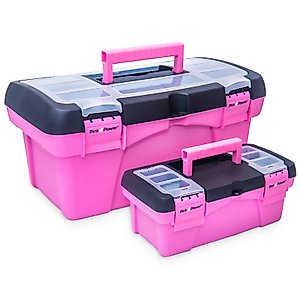 Pink Power Pink Tool Box for Women - Sewing, Art & Craft Organizer Box Small & Large Plastic Tool Box with Handle - Pink Toolbox Sewing Box Tool Storage Box - Portable Mini Locking Tool Boxes (2 Pack)