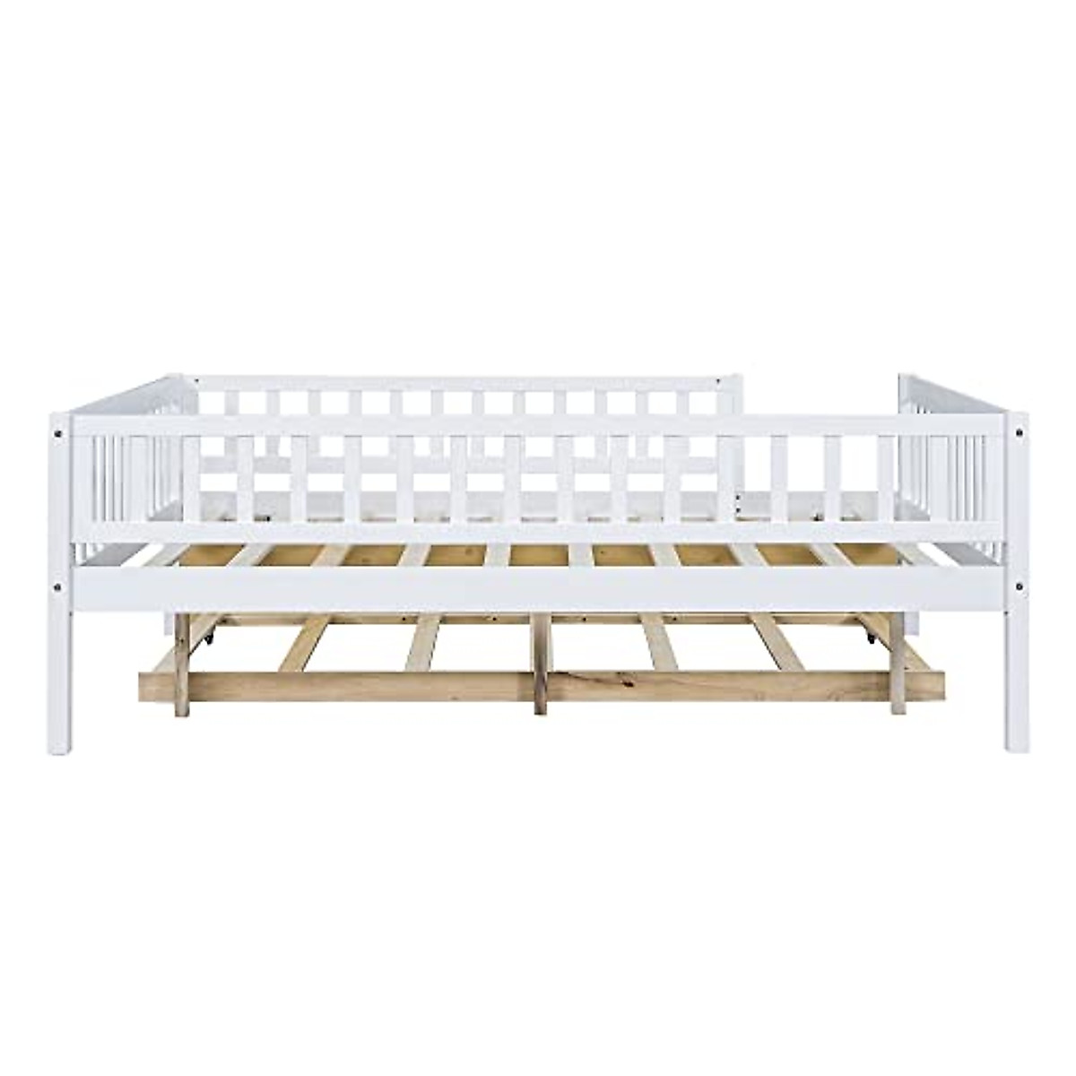 Vierniya Kid Bed with Fence and Trundle Full Size Trundle Bed with Rails, Wooden Toddler Daybed Montessori Bed for Boys Girls, White