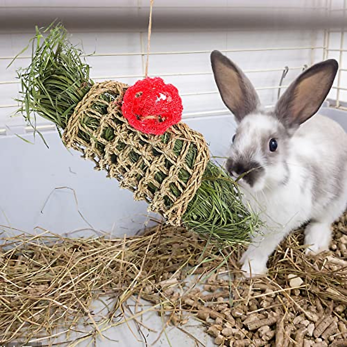 Bunny Chew Toys, Rabbit Toys, Timothy Hay Treats, Natural Sea Grass Mat Hay Feeder Bag, Rabbit Cage Hanging Chew Toys, All Natural Materials for Rabbit, Chinchilla, Guinea Pigs, Hamsters, Gerbils