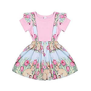 Toddler Kids Baby Girls Easter Outfits Ruffle Short Sleeve T-Shirt Top + Bunny Print Suspender Strap Skirt Outfit Overall Skirt Set (Pink, 12-18 Months)