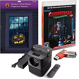 HoliScapes® Christmas Digital Decoration Kit Includes 7 AtmosFX® Video Effects for Christmas Plus HD Super Bright Projector and 48” x 72” Holographic Projection Screen
