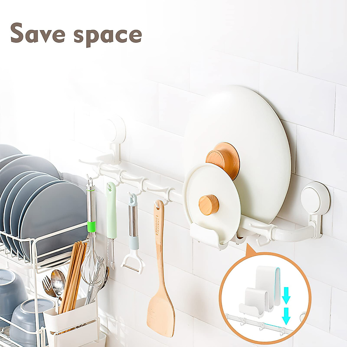 Landmore Pot Lid Organizer, Pot Lid Holder Organizer Multifunction 2 Layer Pot Lid Stand, Drain Not Wet Countertop Pot Lids Rack for Pot Lid, Rest Cutting Board