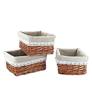 KINGWILLOW Wicker Storage Basket with Liner 3pcs Small Willow Rectangular Handmade Basket for Sundries neatening, (3pcs)