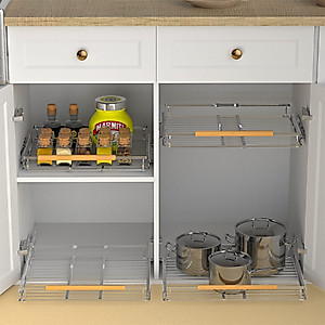 Expandable Pull Out Cabinet Drawer Organizer, 16.3~26.3"W x 17"D Heavy Duty Cabinet Organizers and Storage, Expandable Width Cabinet Pull Out Shelves for Kitchen Cabinets, Chrome Finish (1 Pack)