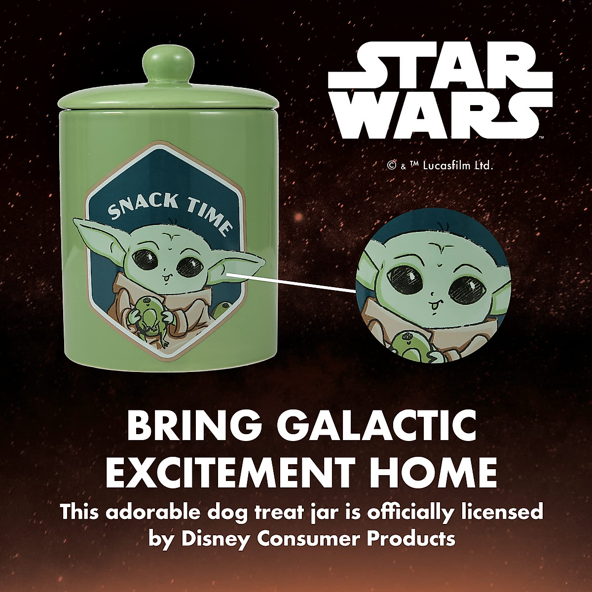 Star Wars for Pets The Mandalorian "Snack Time" Dog Treat Jar | 7.3" x 5.1" Ceramic Dog Treat Jar with Lid, Dishwasher Safe | Baby Yoda Green Dog Food Storage Container | Baby Yoda Treat Jar