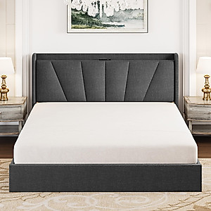 LIKIMIO King Bed Frame and Upholstered Headboard, Platform Bed with Storage Drawers and Outlets, Sturdy, Noiseless, No Box Spring Needed, Easy Assembly, Dark Gray