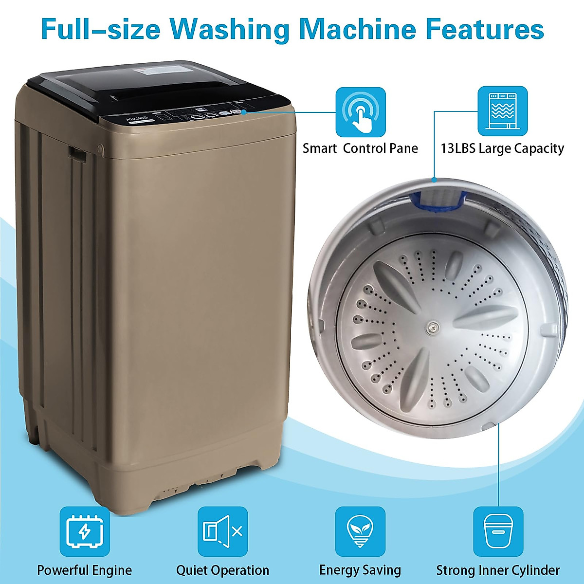 Anukis Fully Automatic Portable Washing Machine, 13 lbs Capacity Compact Laundry Washer with Drain Pump 10 Wash Program & 8 Water Levels for Apartment, Dorm, RV, Gold