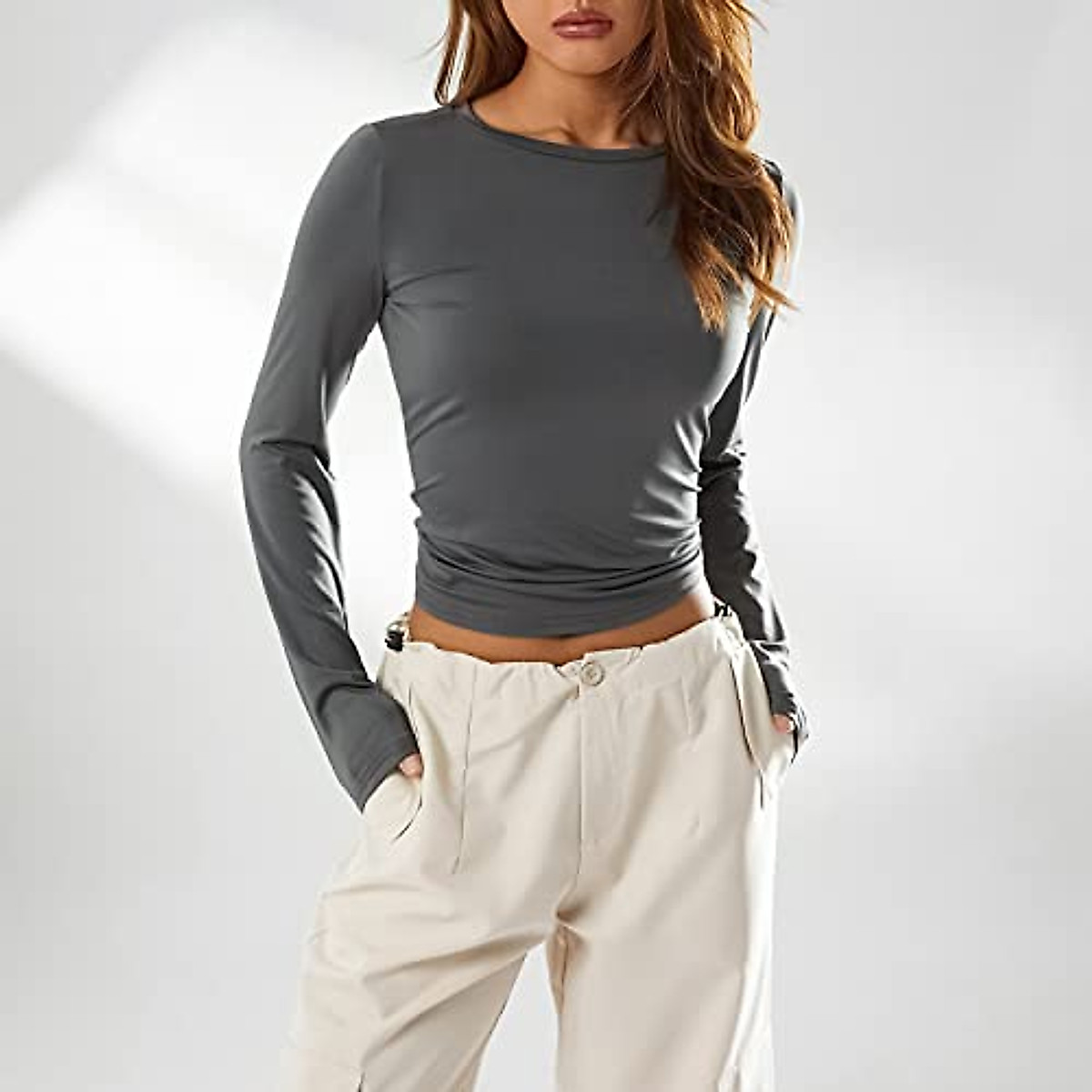 Women's Y2k Long Sleeve T-Shirts Vintage Low Cut Tee Tops Fairy Grunge Slim Fit Blouse Streetwear(Skinny Grey,Small)