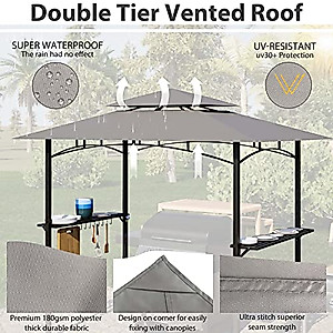 Grill Gazebo 8X 5 FT Double Tiered BBQ Gazebo Grill Canopy with 2 Side Shelves, 5 Hooks and Bottle Opener, Patio Canopy Tent, Outdoor Gazebo Tent Outdoor BBQ Canopy (Gray)