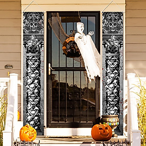 Halloween Gothic Mansion Banners Halloween Skull Hanging Porch Sign with Welcome Foolish Mortals Banner Spooky Halloween Pillar Sign Home Indoor Outdoor Party Supplie