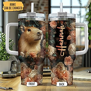 Hyturtle Personalized Capybara Gifts for Women, Floral 40oz Tumbler with Handle and Straw, Best Birthday Christmas Gifts Ideas for Girls, Friends Custom Name Stainless Steel Travel Cup With Lid