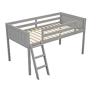Twin Size Low Loft Bed for Kids,Solid Wood Low Loft Bed with Safety Ladder,Kids Loft Bed Frame Twin Size with Guardrail,Space Saving Loft Bed for Girls Boys (Gray)