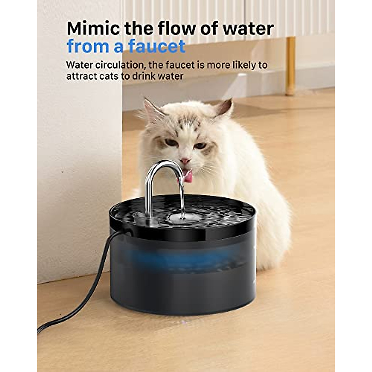 Cat Water Fountain, GIOTOHUN Faucet-Shaped 67oz/2L Cat Fountain, Super Silent , Built-In Led Light, Activated Carbon Filter, Translucent Water Tank, Suitable for Multiple Pets, Black
