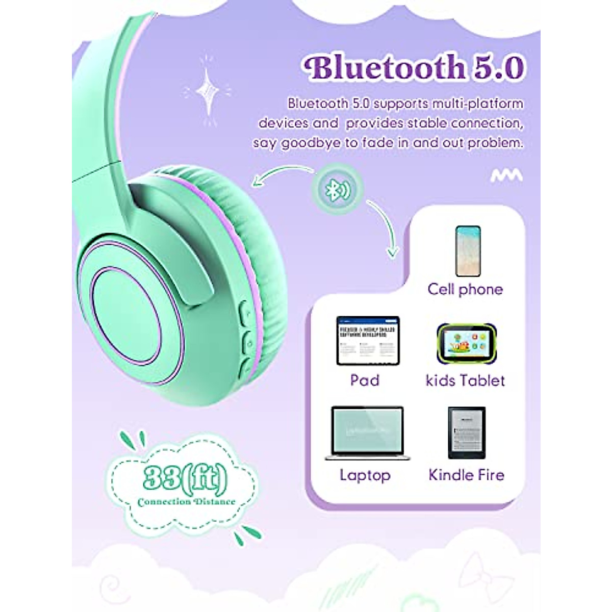 FIUPIA Kids Bluetooth Headphones with Microphone, Volume Limit 85/94dB, On-Ear Kids Headphone for Girls Boys Stereo Sound, Foldable Kids Wireless Headphones for School/Travel/iPad/Fire Tablet-Green