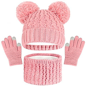 Kids Winter Beanie Hat Scarf Touchscreen Gloves Set, Fleece Lining Boys Girls Winter Hat Neck Warmer Gloves for 1-6 Years