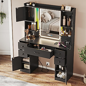 Tiptiper Makeup Vanity with Mirror & Lights, Power Outlet & RGB Lights, Vanity Desk with 5 Drawers, 4 Cabinets & Time Display, Large Dressing Table, Black