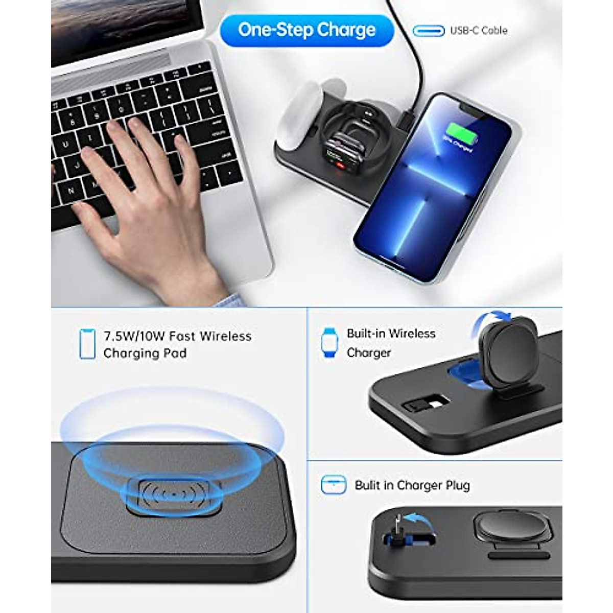 XICPU Portable and Foldable 3 in 1 Wireless Charging Station, Fast Wireless Charger Stand for Apple Watch iPhone AirPods Black