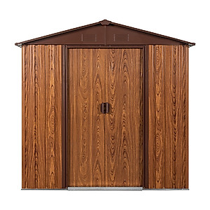 6.36ft x 5.7ft Outdoor Metal Storage Shed with Metal Floor Base,Sliding Doors and Window,Sun Protection,Waterproof Tool Storage Shed for Backyard, Patio, Lawn (Wood Grain & Dark Brown)